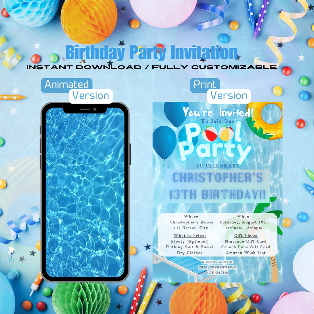 Custom Pool Party Birthday Invitation for Kids Digital Invitations for ...