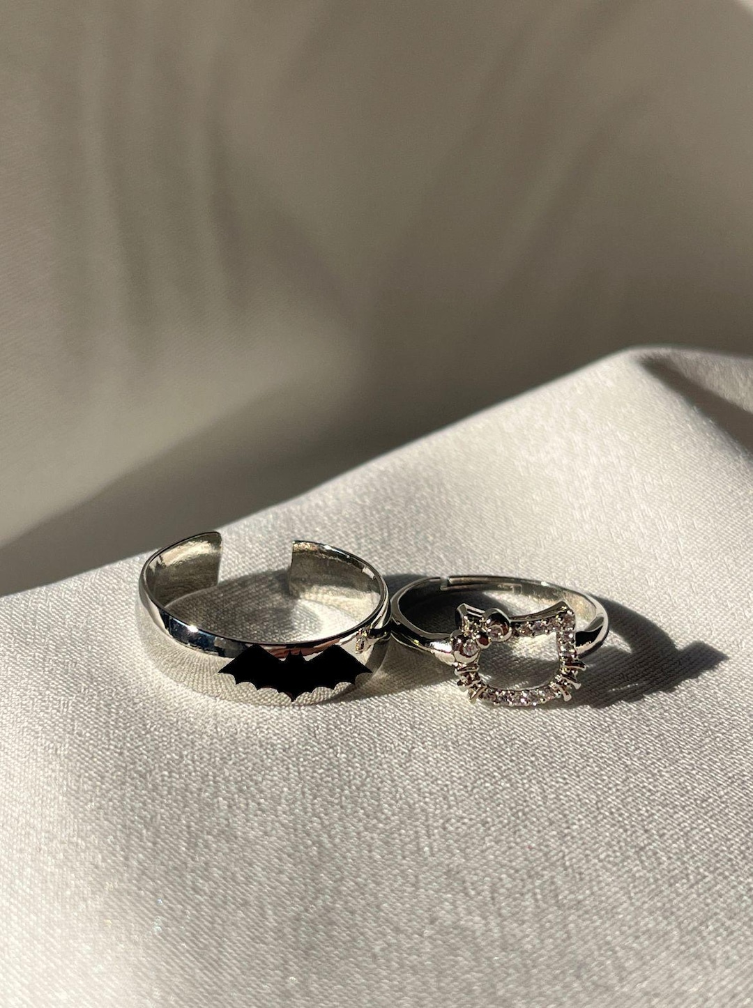 Adjustable Kitty and Bat Couple Matchin Ring Set , Rings for Valentines ...