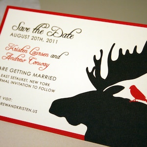 SAMPLE Moose and Bird Pocketfold Wedding Invitation, Green, Brown, Red ...
