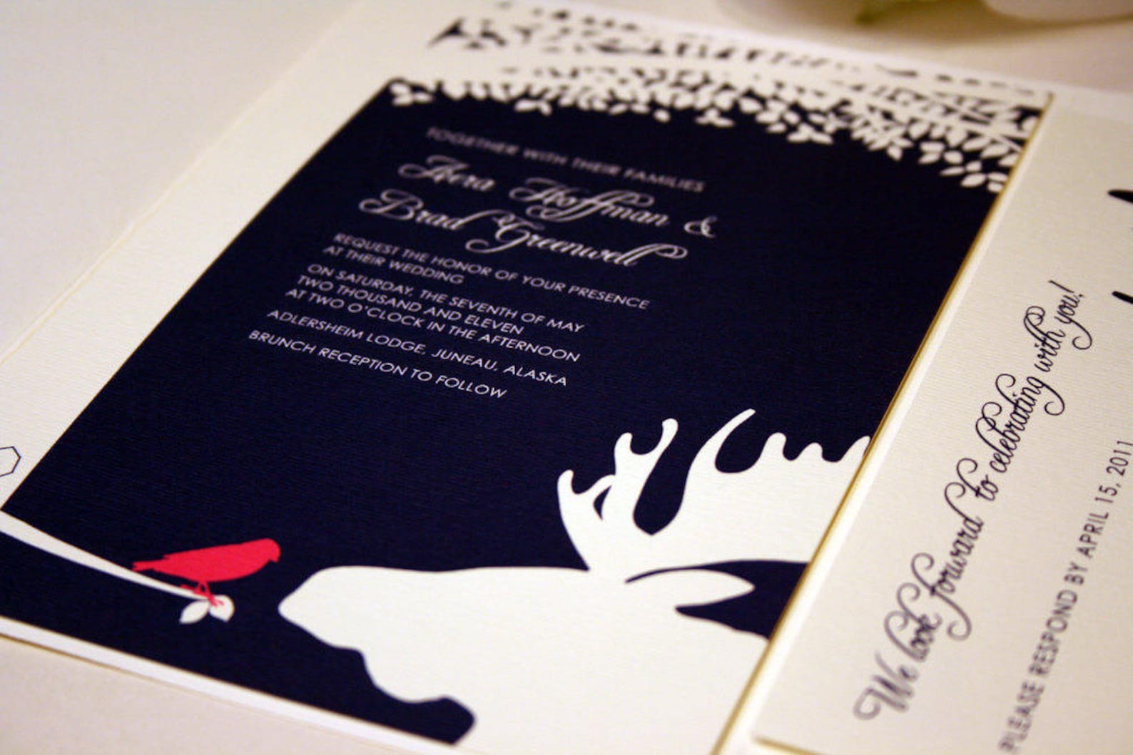 Bird and Moose Wedding Invitation With Tree, Wedding Invites, Wedding ...