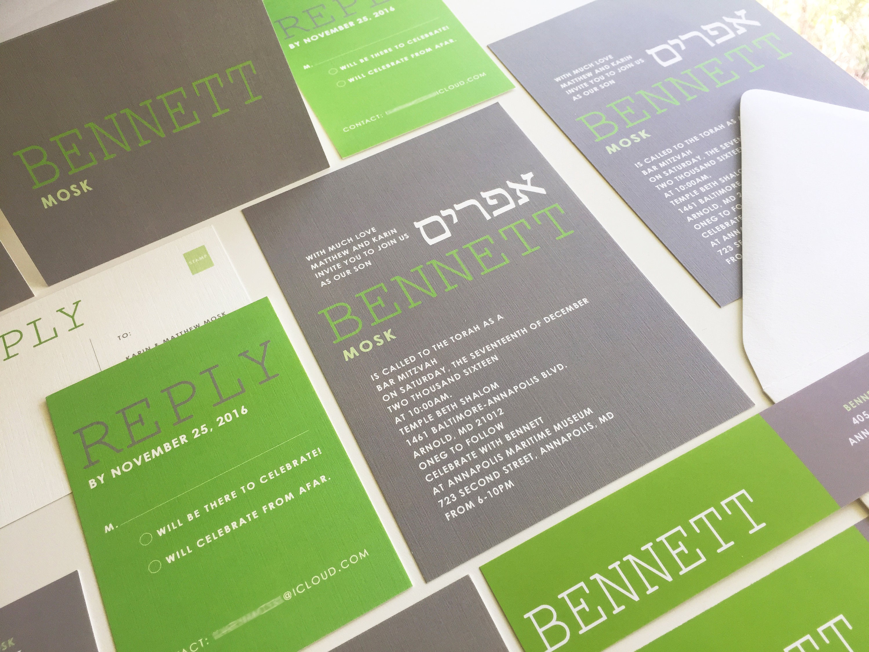 Modern Bar Mitzvah Invitation, Green and Grey, Classic Font, Green Bar ...