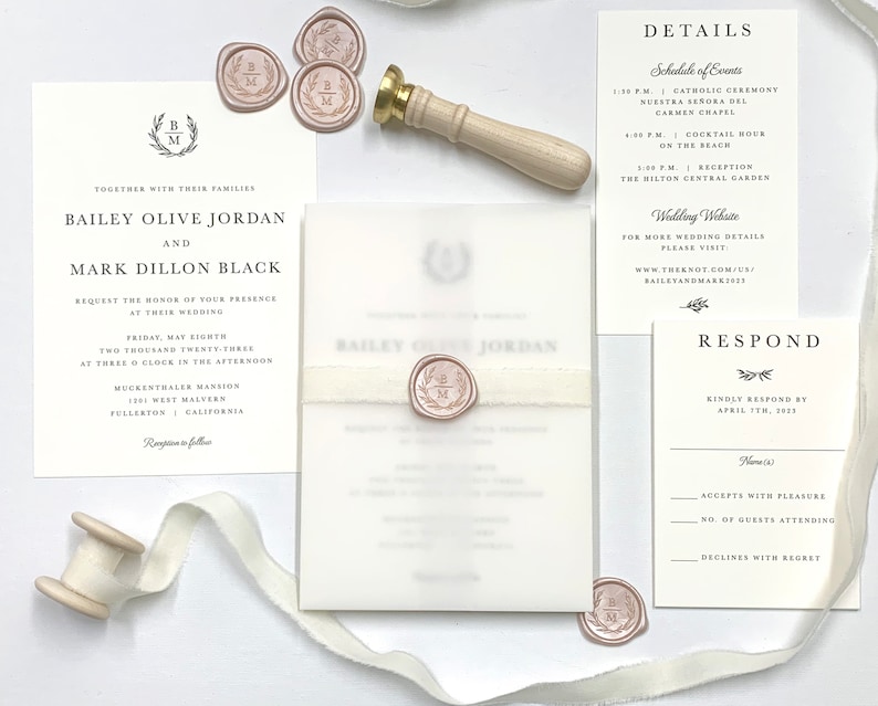 Champagne Pink and Ivory Wedding Invitation Set With Monogram Wax Seal ...