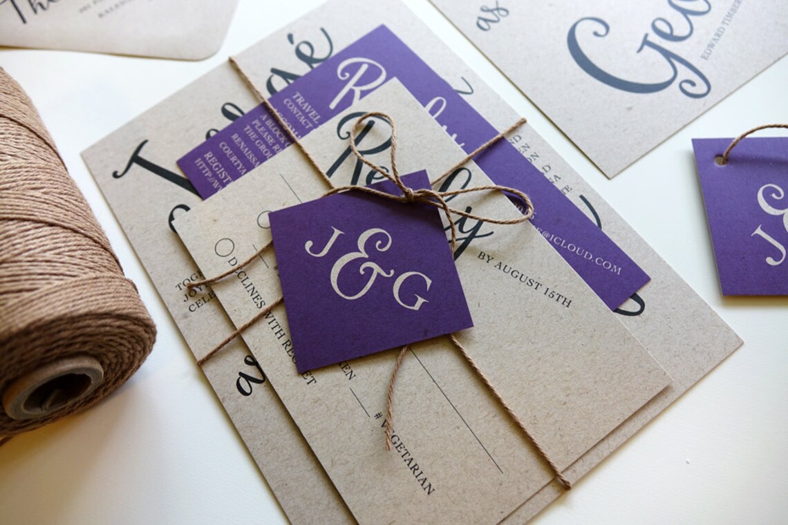 Rustic Wedding Invitation Set, Purple Wedding Invite, Kraft Wedding ...