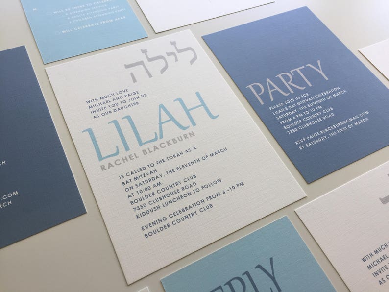Blue Bat Mitzvah Invitation Set, Modern Type Party Invites, Hebrew Bar ...