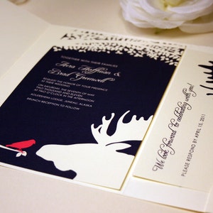 SAMPLE Moose and Bird Pocketfold Wedding Invitation, Green, Brown, Red ...