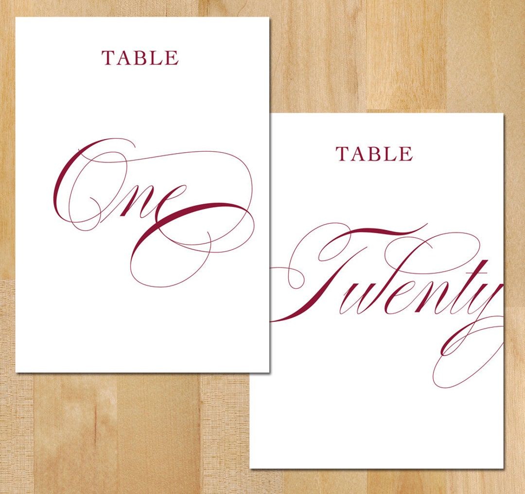 20 Script Printable Table Numbers, Instant Download, Burgundy Red Table ...