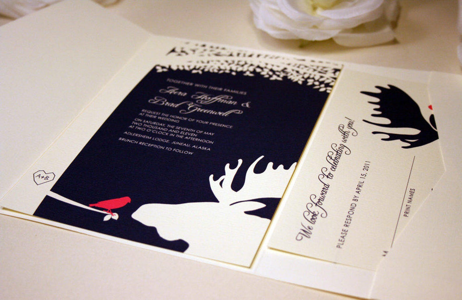 Bird and Moose Wedding Invitation With Tree, Wedding Invites, Wedding ...