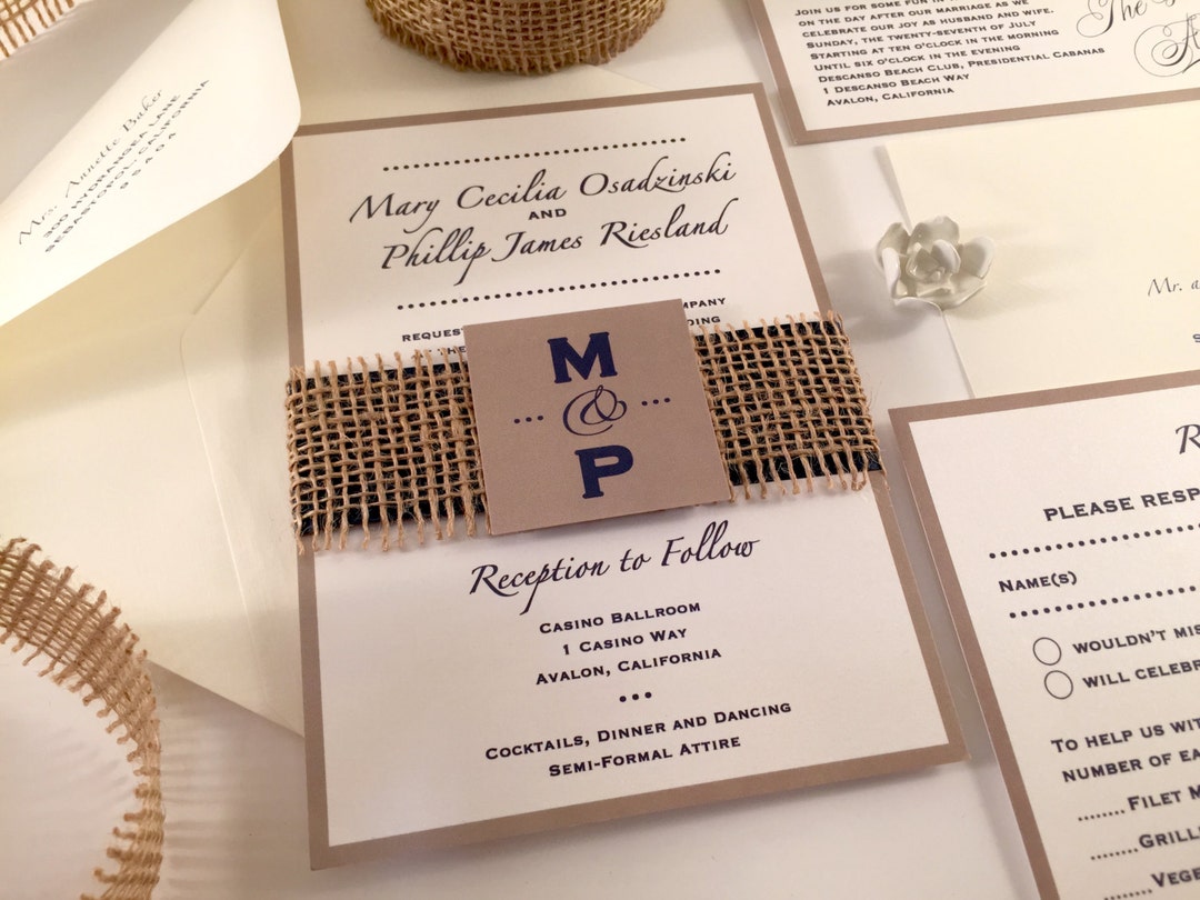 SAMPLE Burlap Wedding Invitation, Monogram Invitation Initials, Rustic ...