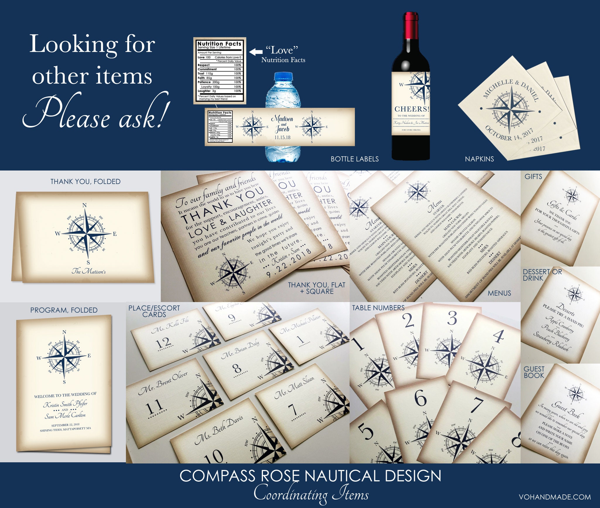 Vintage Compass Wedding Invitation Navy Blue Nautical Blue | Etsy