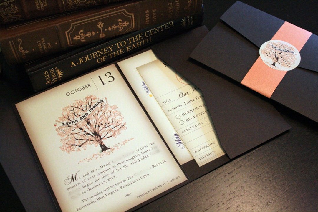 Fall Vintage Book Wedding Invitation, Pocketfold Wedding Invitations ...