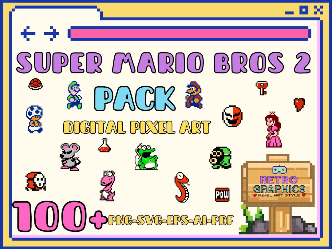 Super Mario Bros 2 Digital Pixel Art, Clipart +100 Drawings PNG/SVG/EPS ...