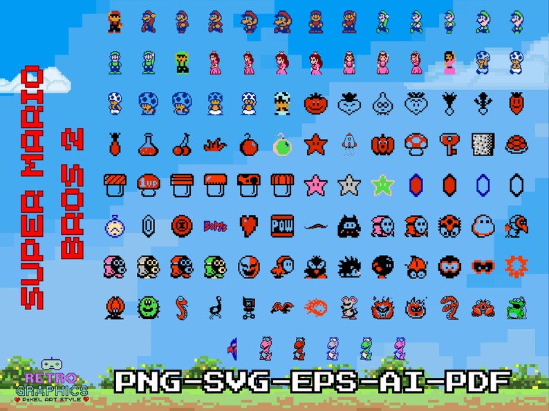 Super Mario Bros 2 Digital Pixel Art, Clipart +100 Drawings PNG/SVG/EPS ...