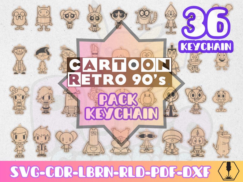 90s Retro Cartoon Keychains Bundle Svg Dxf Pdf Cdr Lbrn Rld | Laser Cut ...
