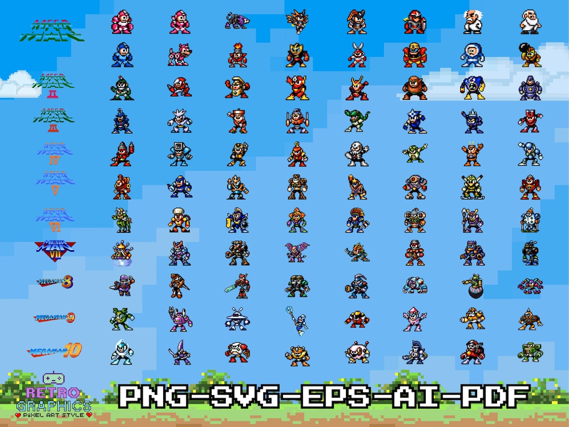 Megaman Pack Bosses 1-10 Digital Pixel Art, Clip Art +80 Drawings Png ...