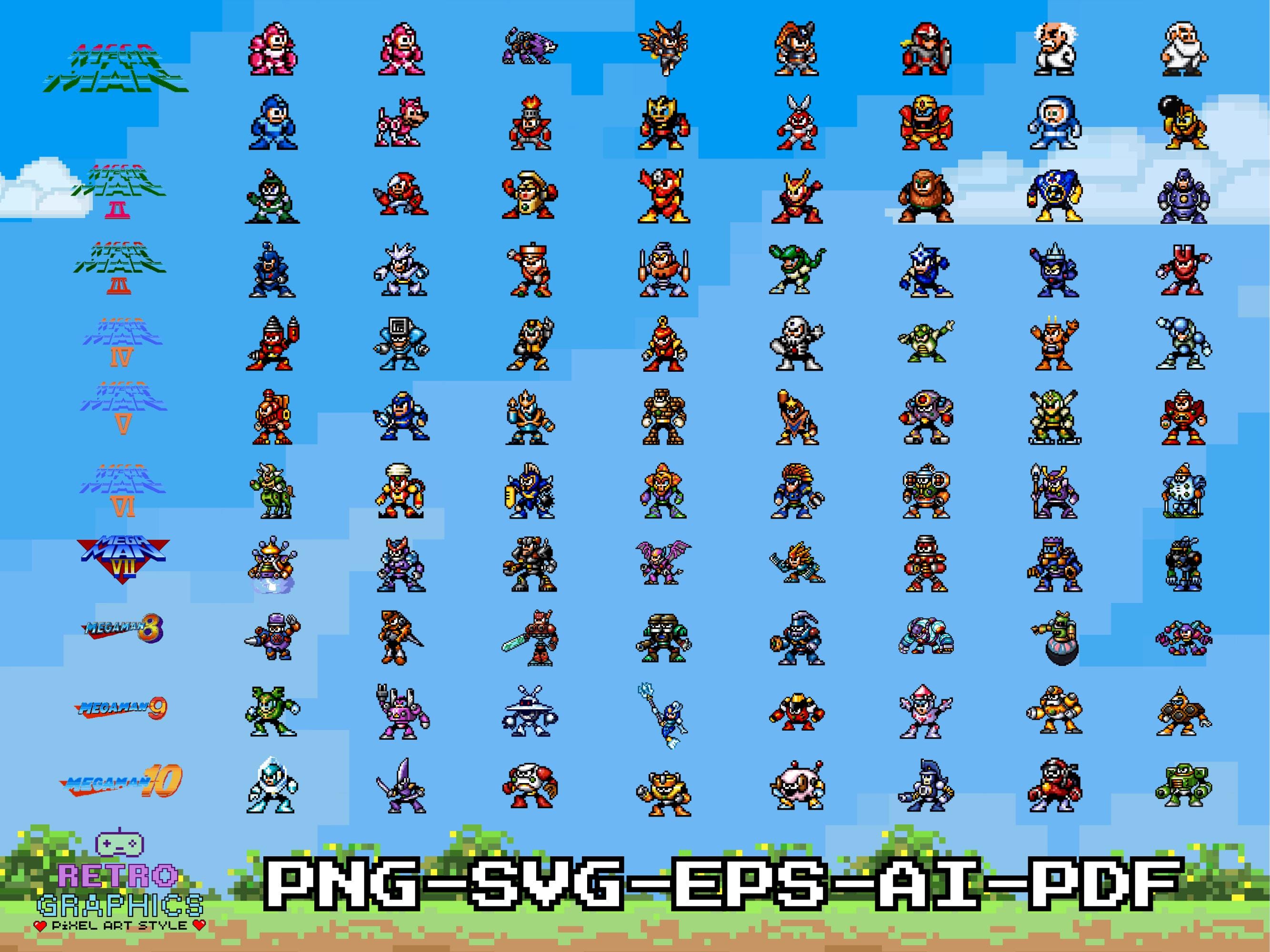 Megaman Pack Bosses 1-10 Digital Pixel Art, Clip Art +80 Drawings Png ...