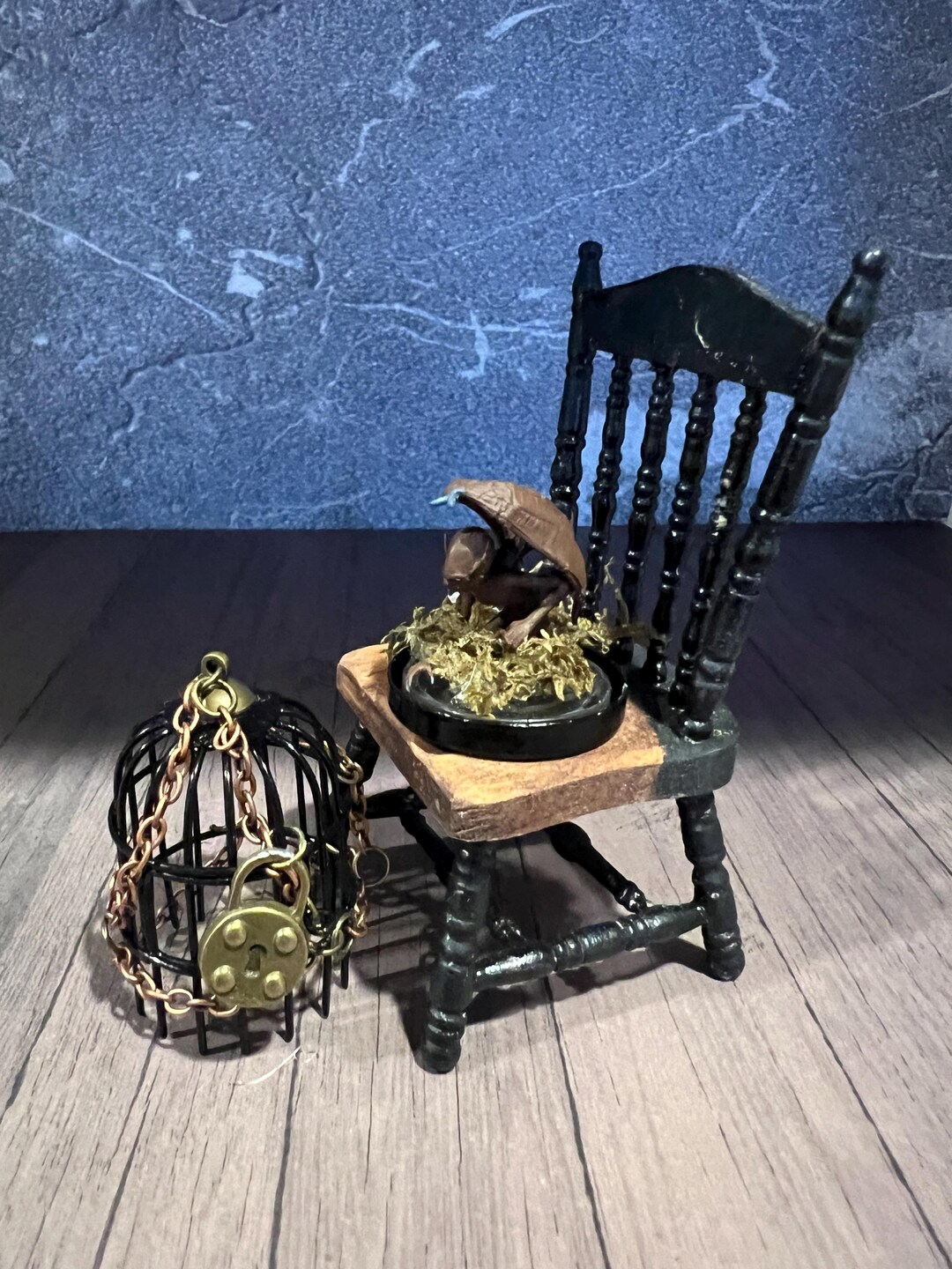 Miniature Black Metal Cage With Baby Demon on a Chair, Dollhouse Decor ...