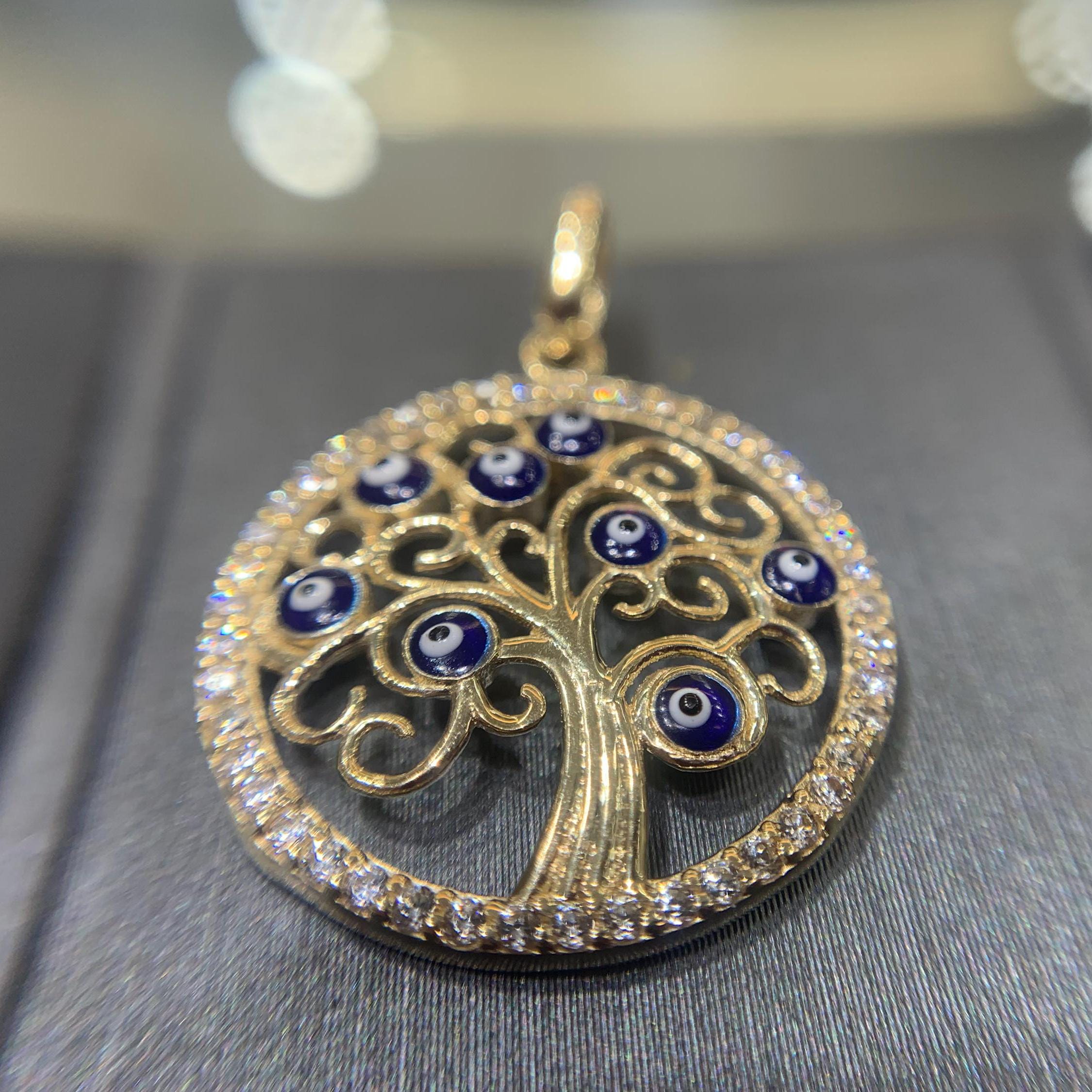 14K Tree of Life Evil Eye Round Pendant - Etsy