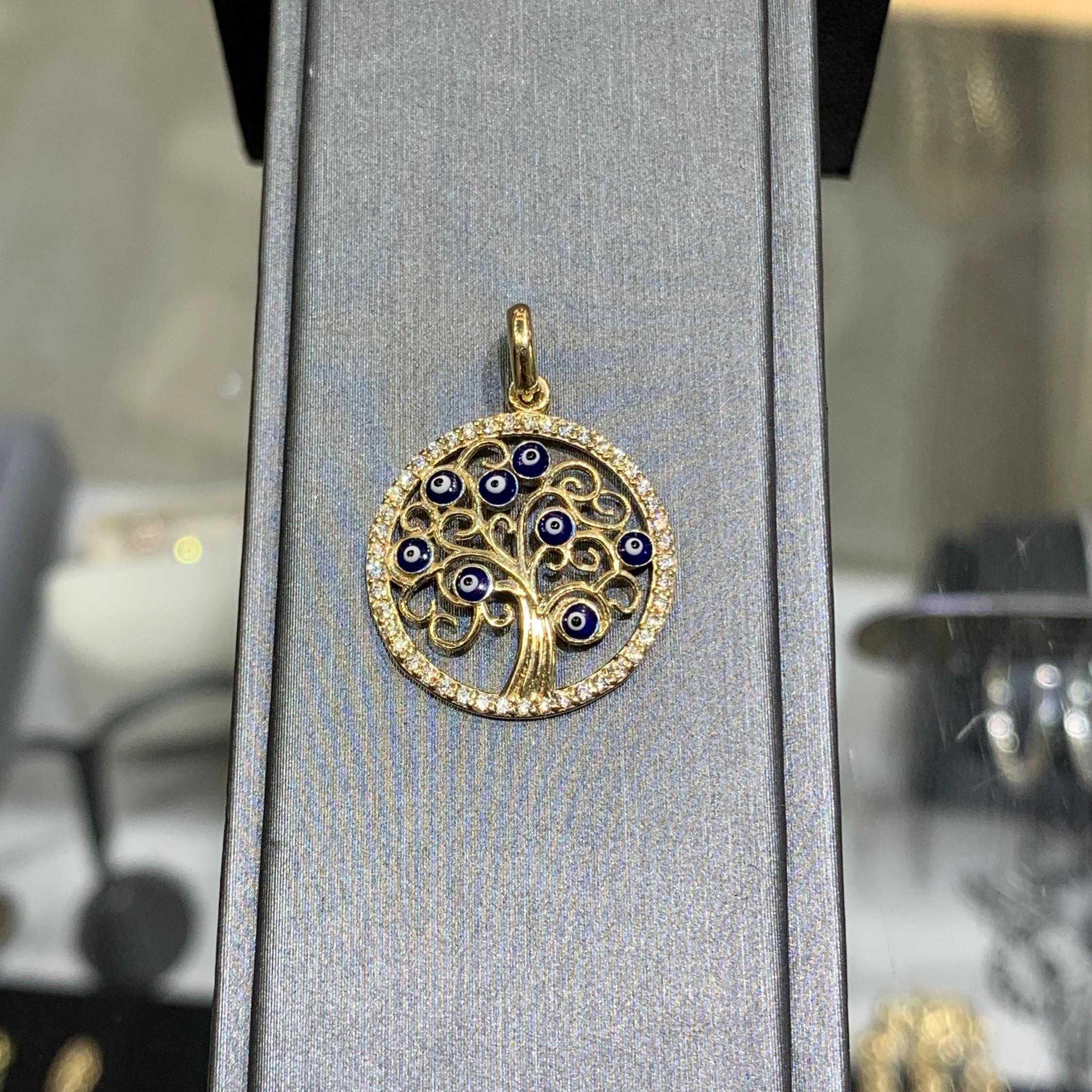 14K Tree of Life Evil Eye Round Pendant - Etsy