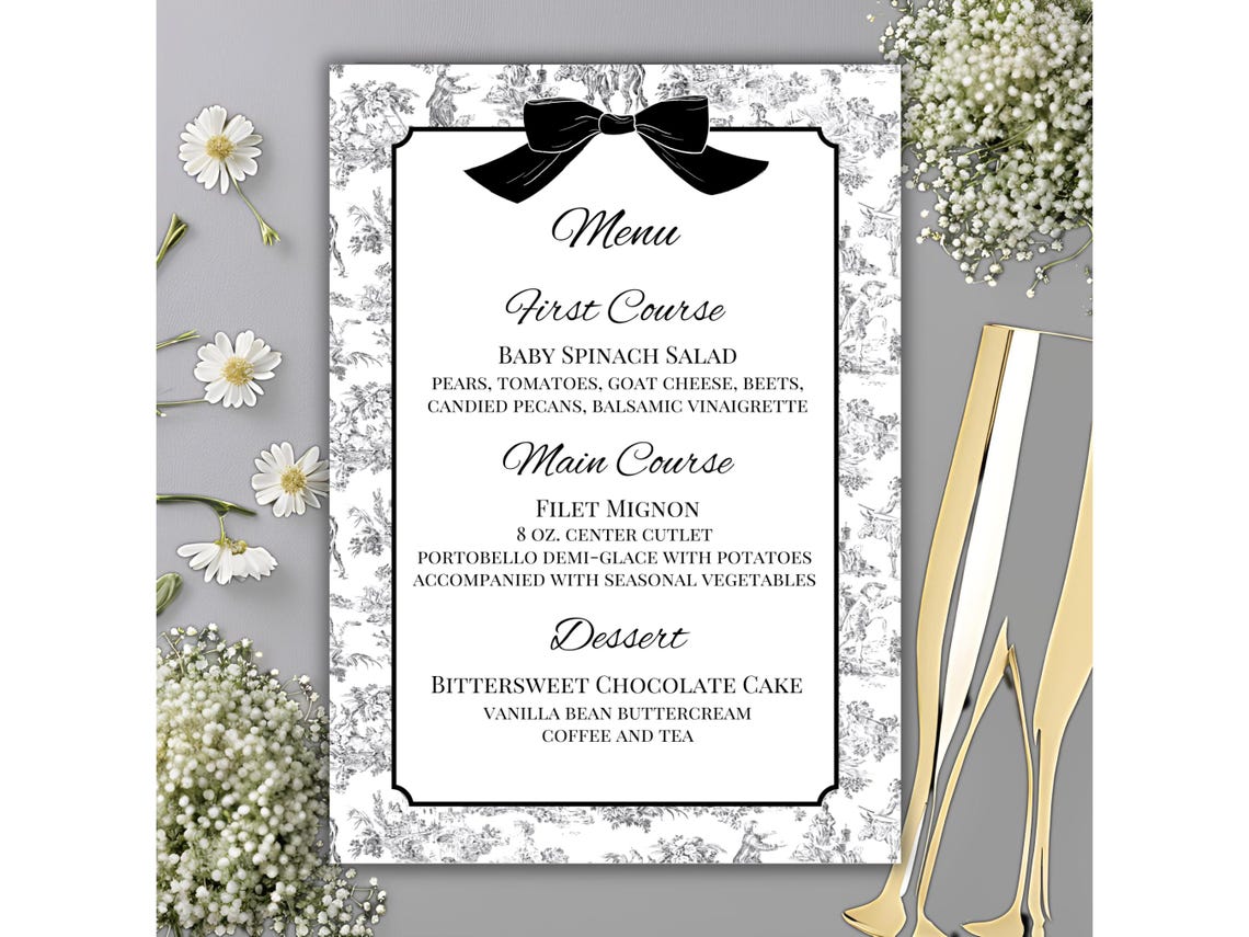 Editable Black Toile Dinner Menu Template for Weddings, Showers ...