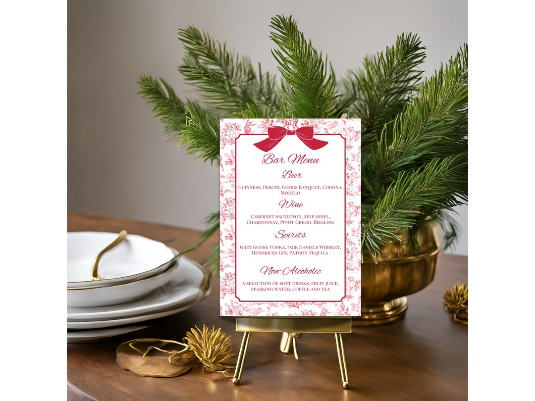Editable Red Toile Bar Menu Template for Weddings, Showers, Engagement ...