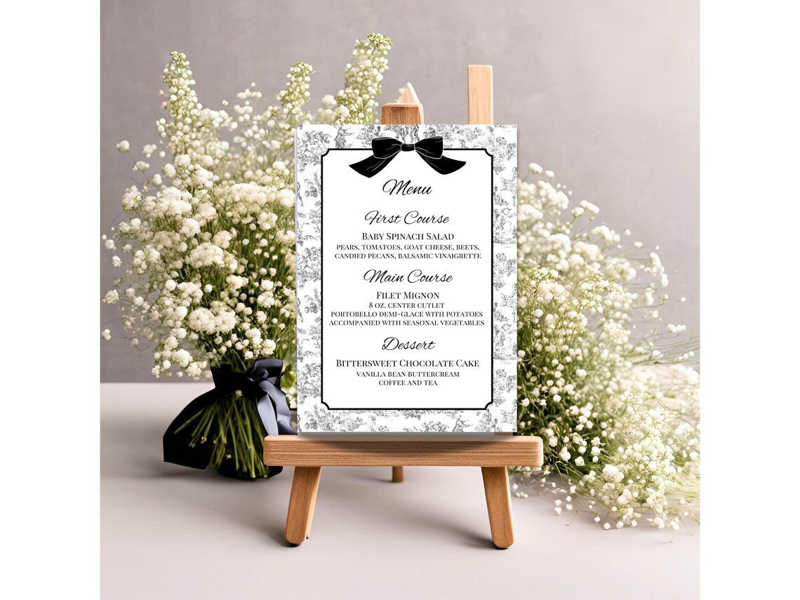 Editable Black Toile Dinner Menu Template for Weddings, Showers ...