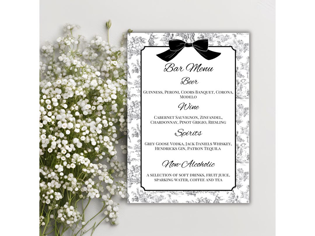 Editable Black Toile Bar Menu Template for Weddings, Showers ...