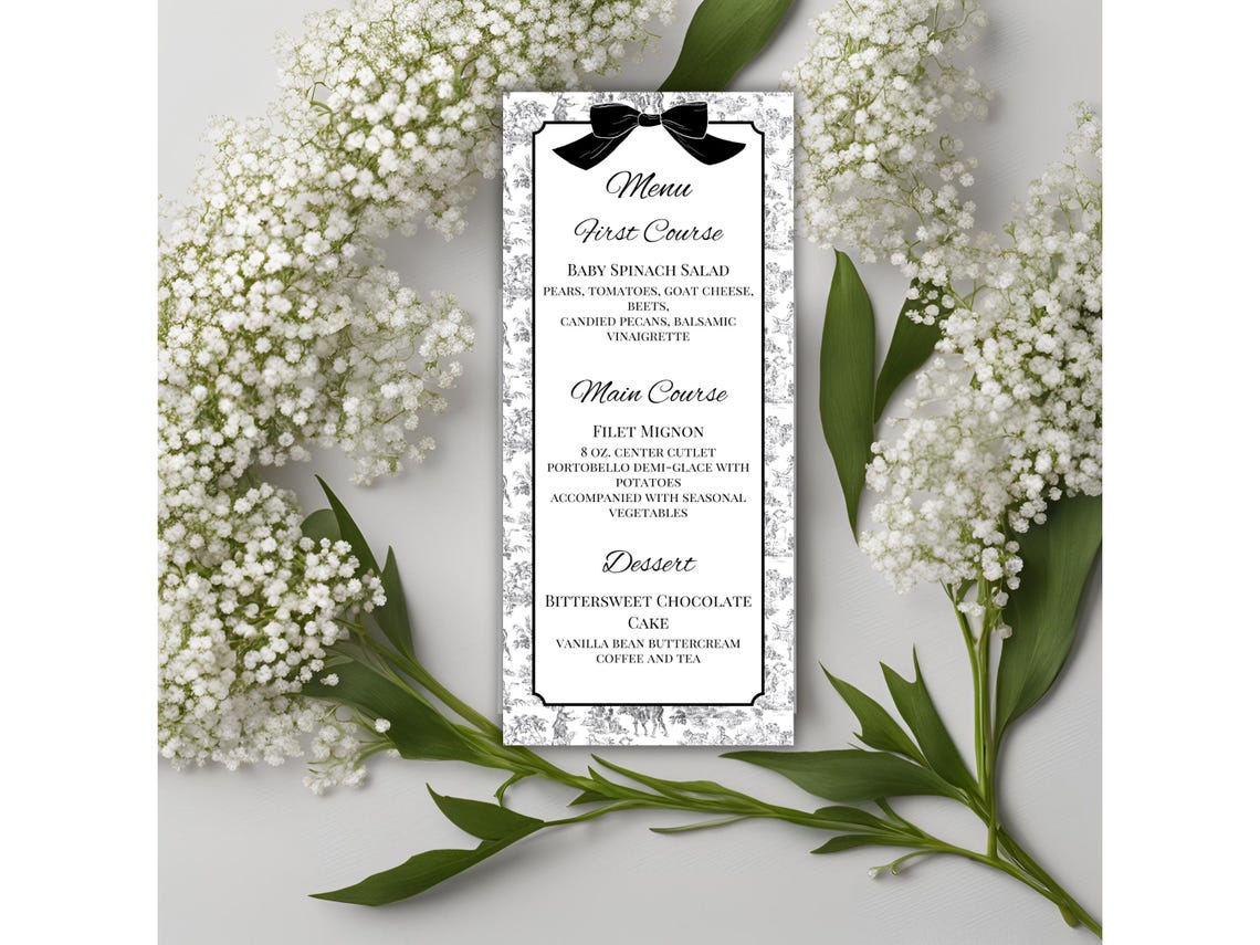 Editable Black Toile Dinner Menu Template for Weddings, Showers ...