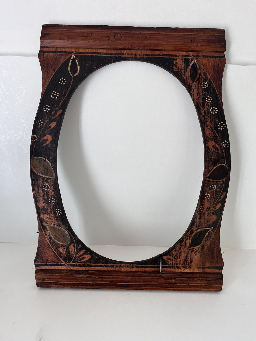 Antique Hand-painted Oval Wood Frame | Folk Art Botanical Inlay ...