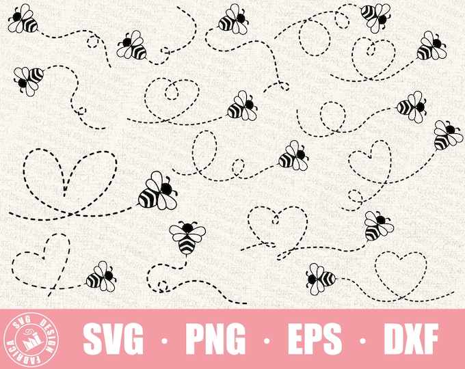 Bee Svg, Heart Dotted Line Svg, Honeybee, Bumblebee, Heart Trail, Heart ...