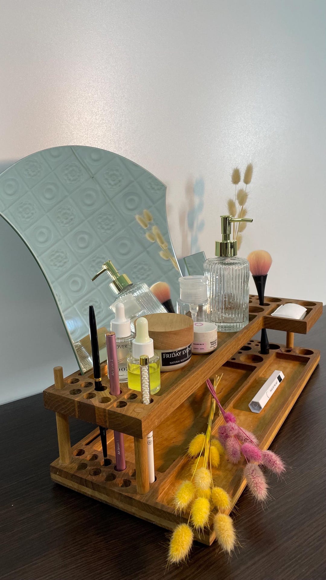 Wooden Makeup Organizer | Vanity Tray | 30 Section Brush Holder With 4 ...