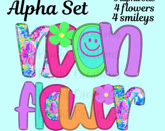 Preppy Bright Neon Floral Hand Drawn Doodle Letter Alpha Set Digital ...