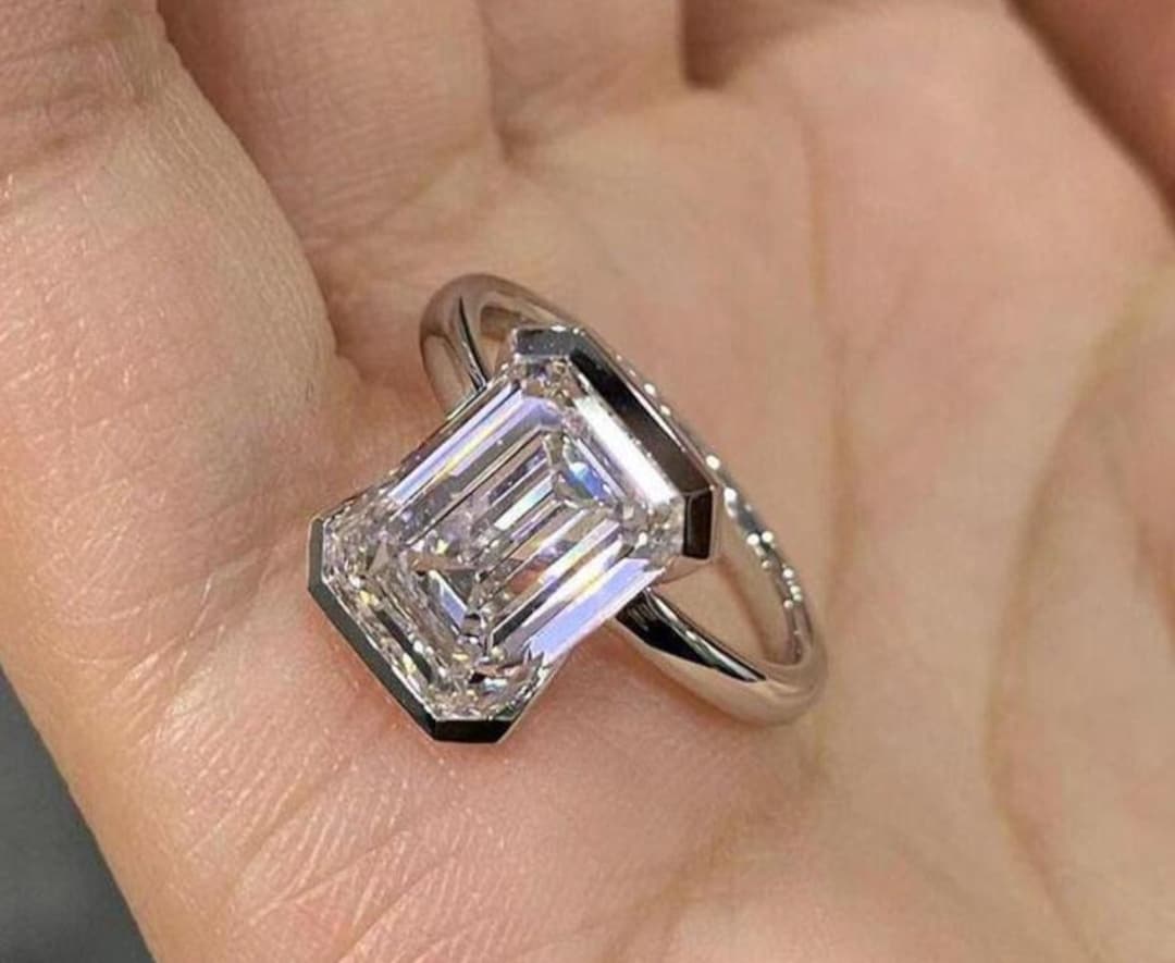 3 Ct Emerald Cut Half Bezel Set Engagement Ring Bezel Emerald Cut Ring ...