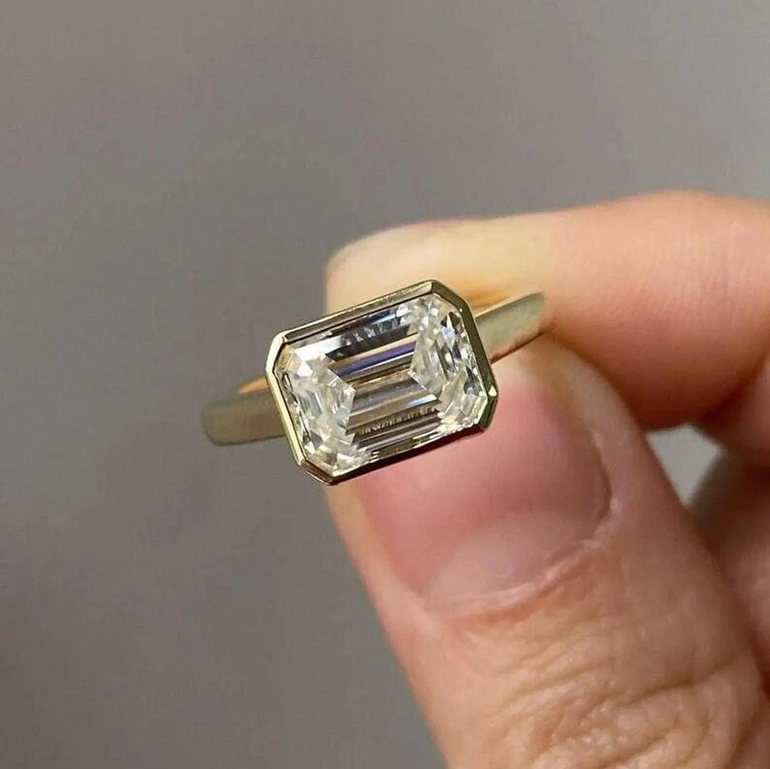 Emerald Cut East West Emerald Cut Engagement Ring Bezel Ring Solitaire ...