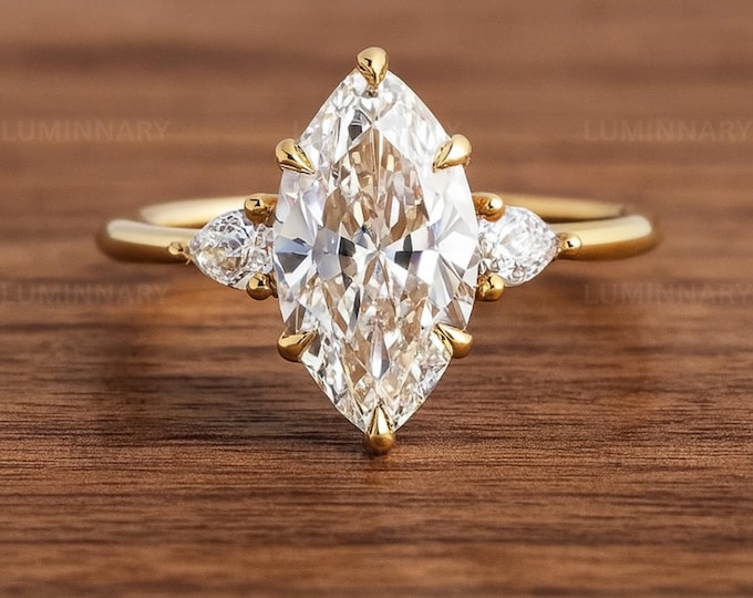 3 CT Marquise Diamond Three Stone Ring | Marquise & Pear Cut Diamond Engagement Ring | White ...