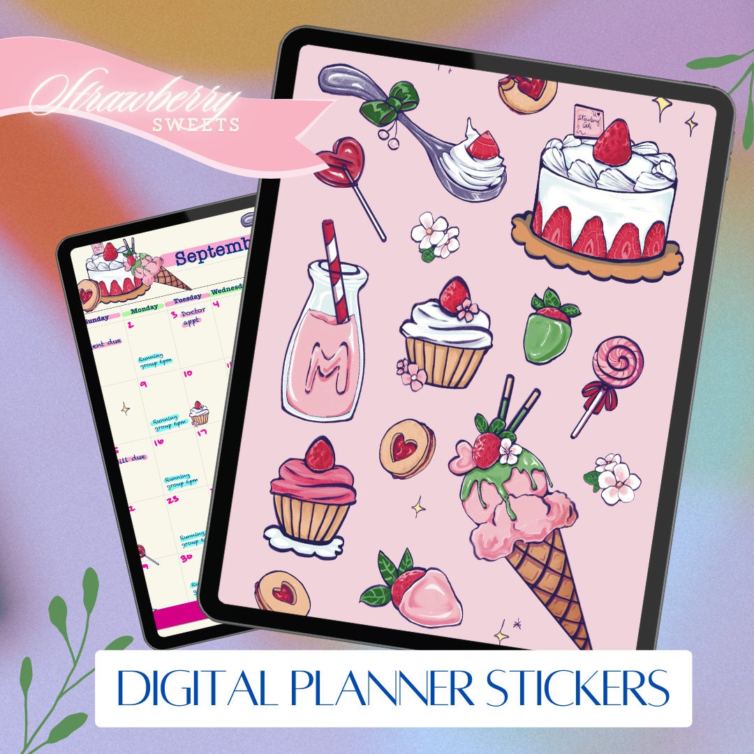 Kawaii Digital Planner Sticker Cute Strawberry Digital Clipart Sticker ...