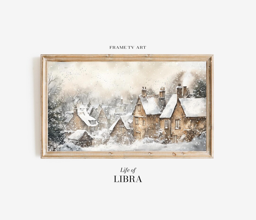 Charming Winter Village Frame TV Art, Snowy Village in White & Brown ...