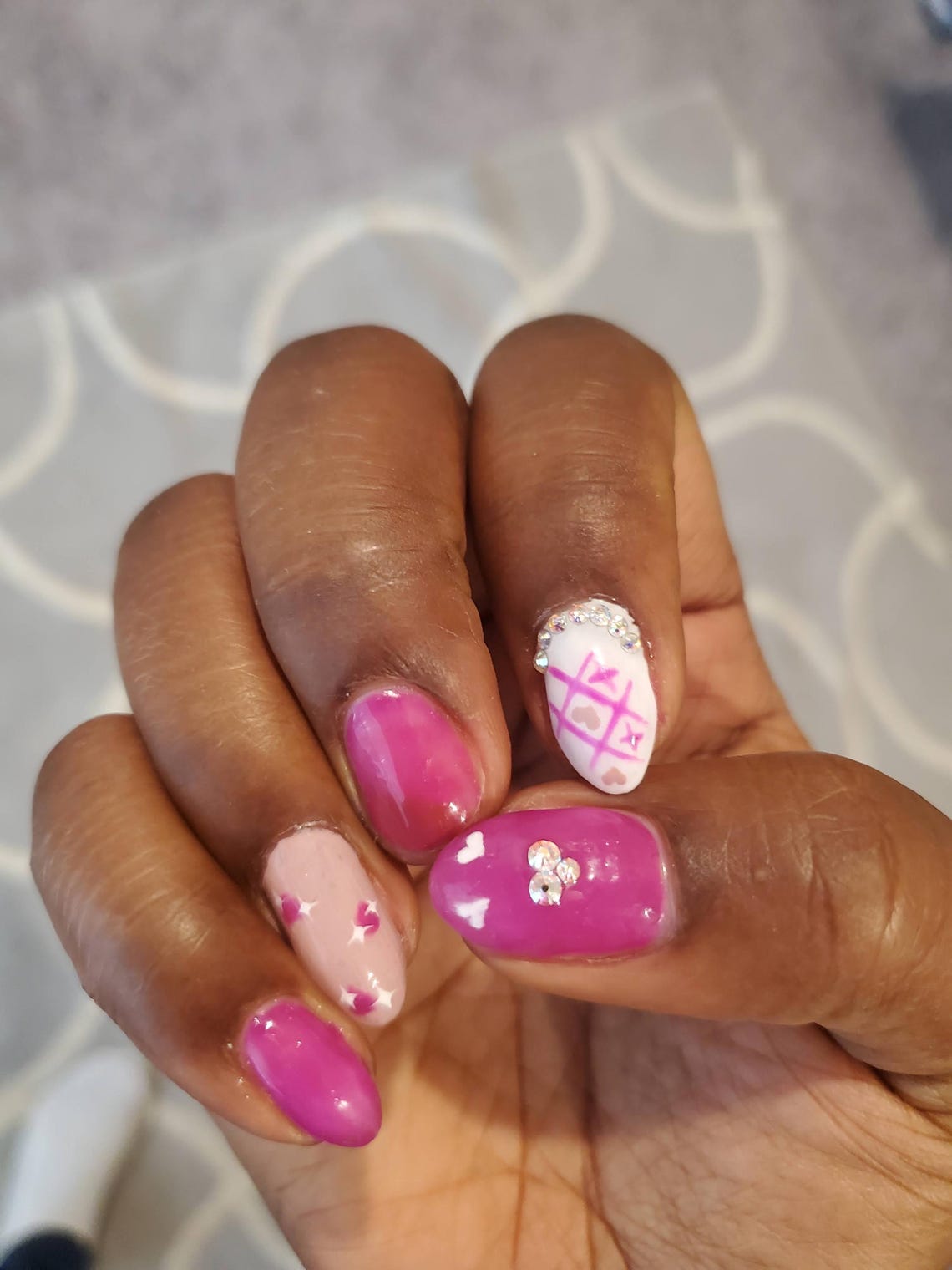 Pink and White Press-on Nails, Heart Grid Nail Art, Fun and Chic Nail ...