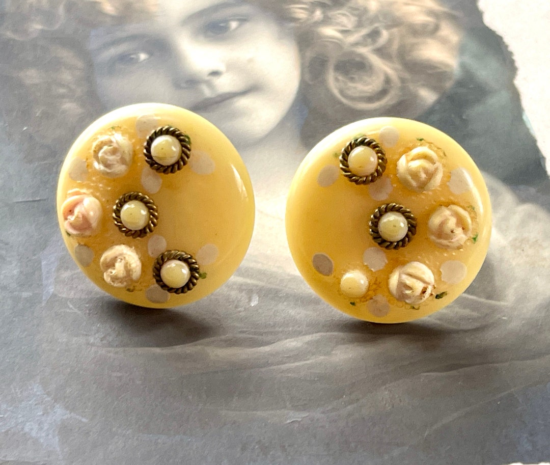 Vintage Carved Celluloid Flower Clip on Earrings as Is - Etsy