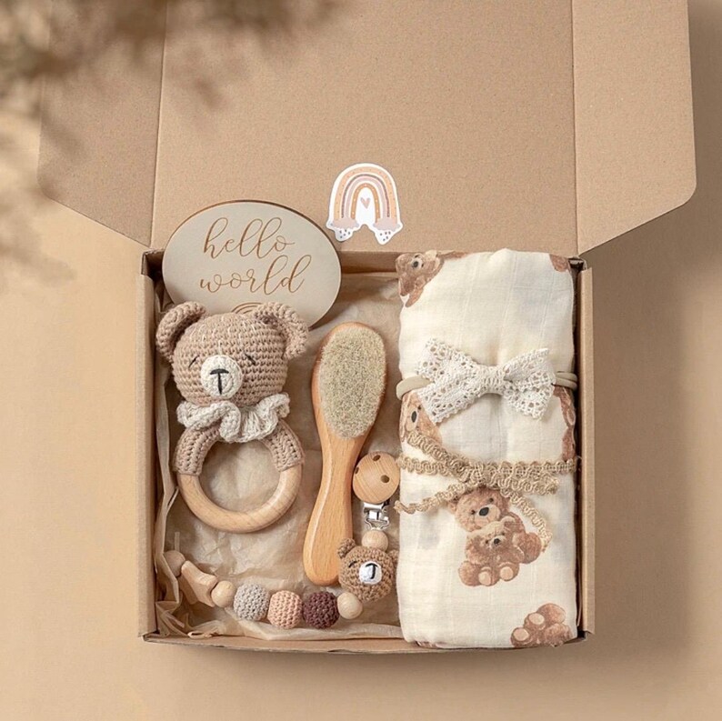 Baby Gift Set Box Newborn Gift Box Wooden Hamper Teddy Bear New Mum ...
