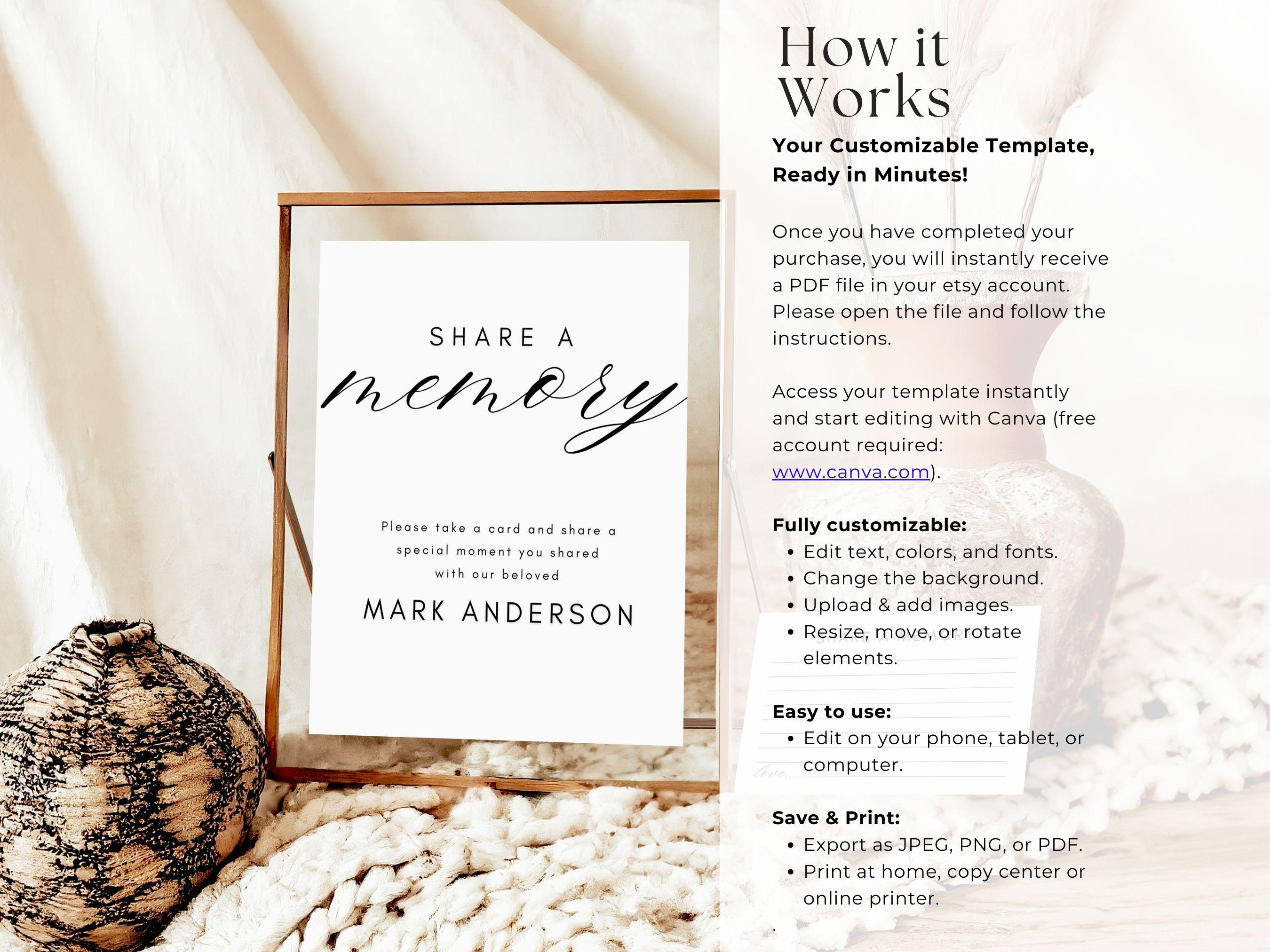 Share a Memory Funeral Sign and Share a Memory Card Minimalist Memory ...