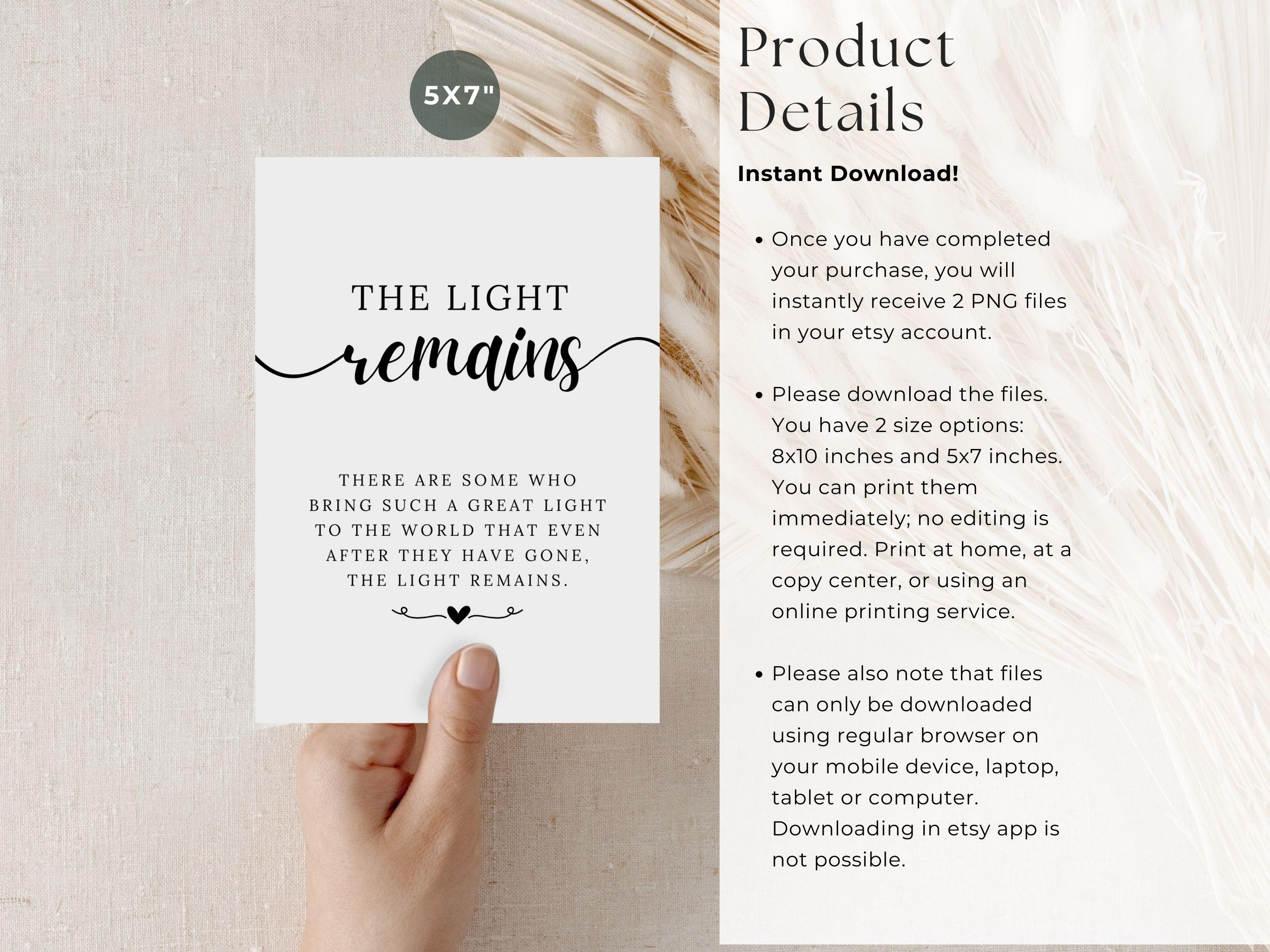 Memorial Table Sign Poem for Funeral the Light Remains Printable ...