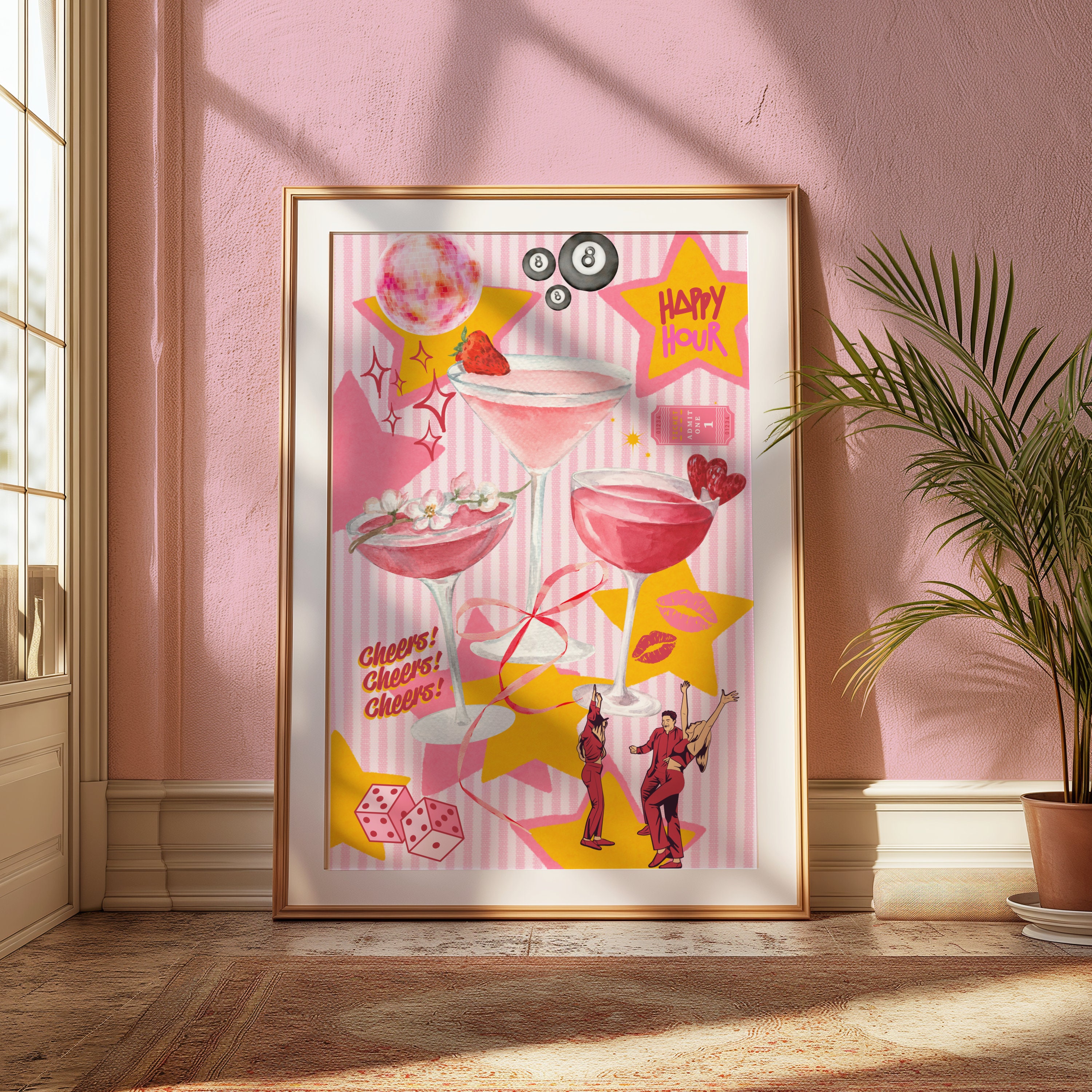 Pink Bar Cart Print, Bar Cart Decor, 