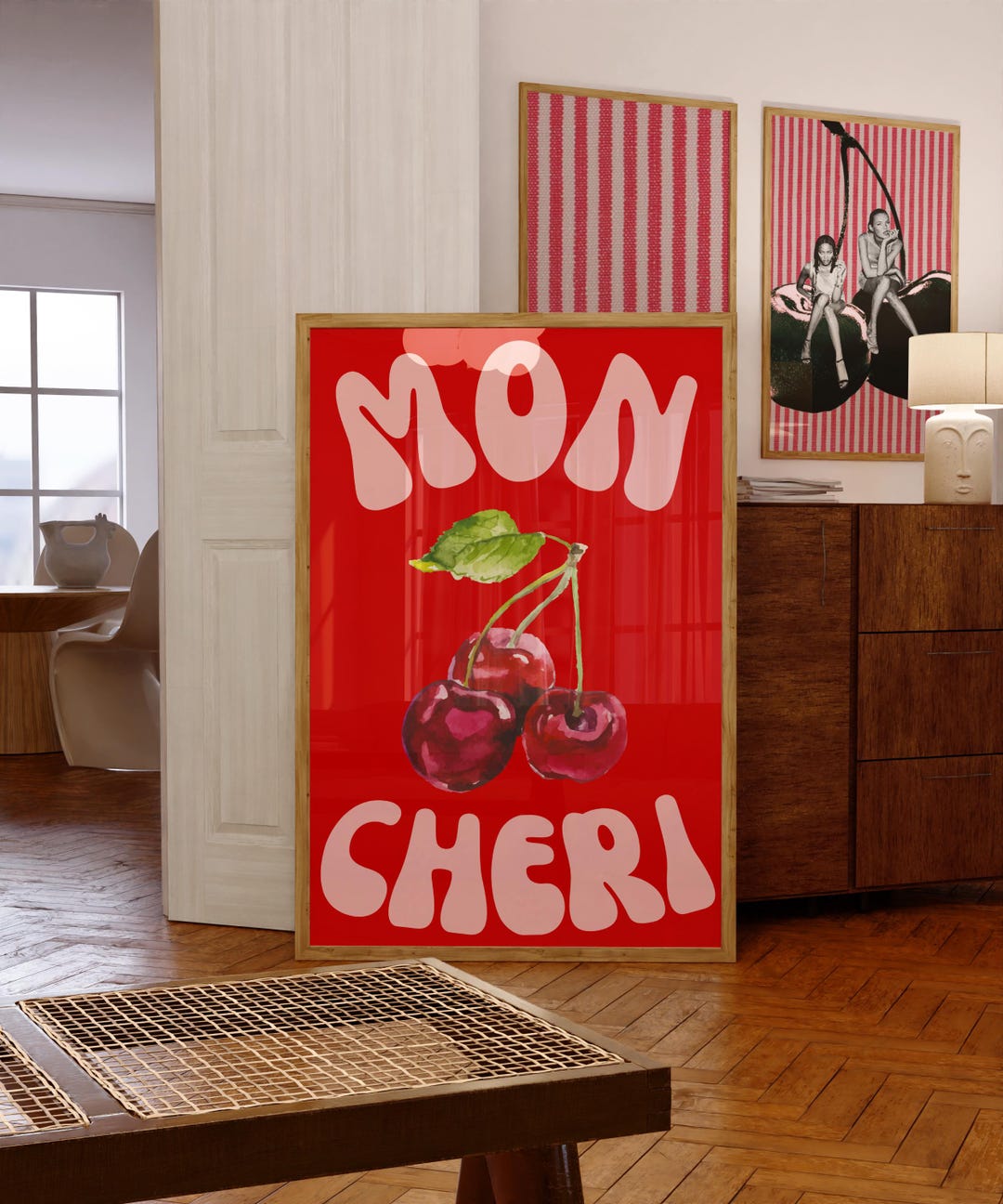 Mon Cheri Print, Retro Red Aesthetic Print, Cherry Wall Art, French ...