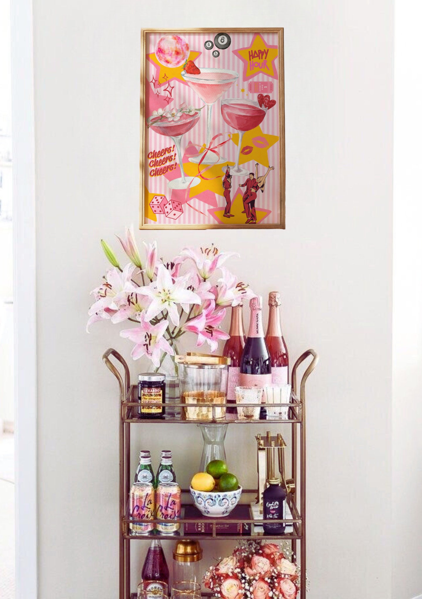 Pink Bar Cart Print, Bar Cart Decor, 