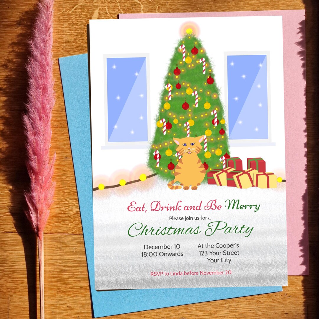 Editable Christmas Party Invite Template Cat Christmas Invite Cute ...
