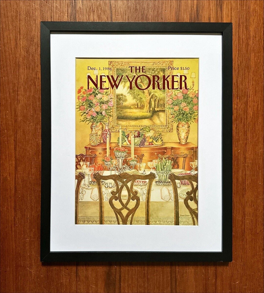 Framed 1986 New Yorker Magazine Cover Dec 1 Jenni Oliver Dining Room - Etsy