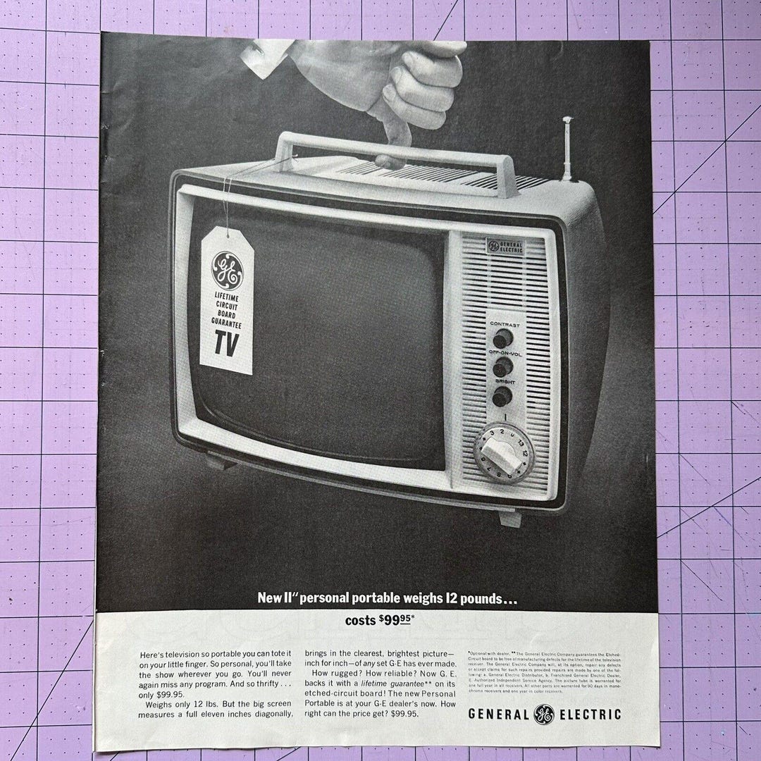 1963 General Electric New 11" Personal Portable TV B&W Vintage Print Ad ...