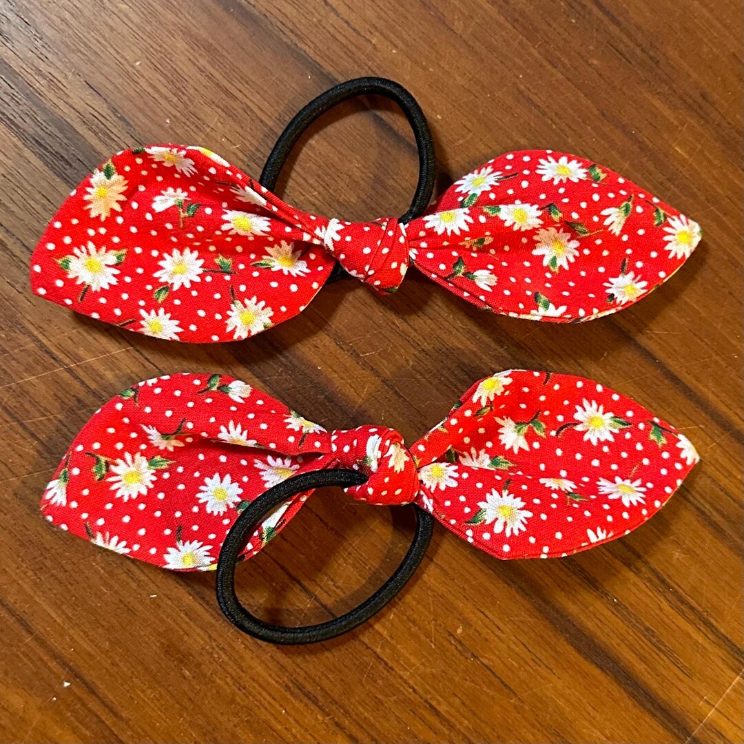 2 Handmade 6 Hair Elastic Bows Red Daisy Print Fabric - Etsy