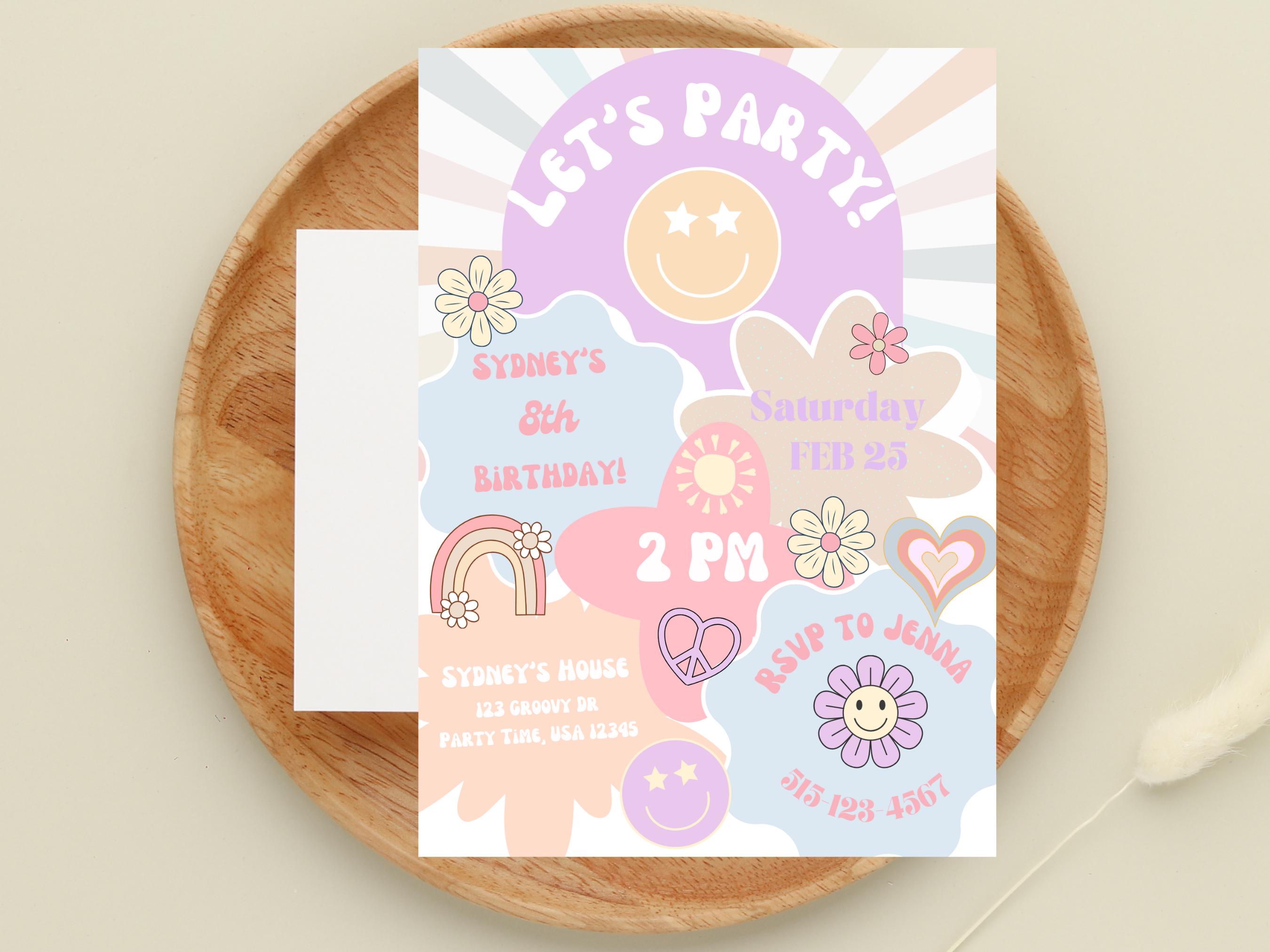 Groovy Retro Birthday, Preppy Editable Invite, Tween Birthday, Teen ...