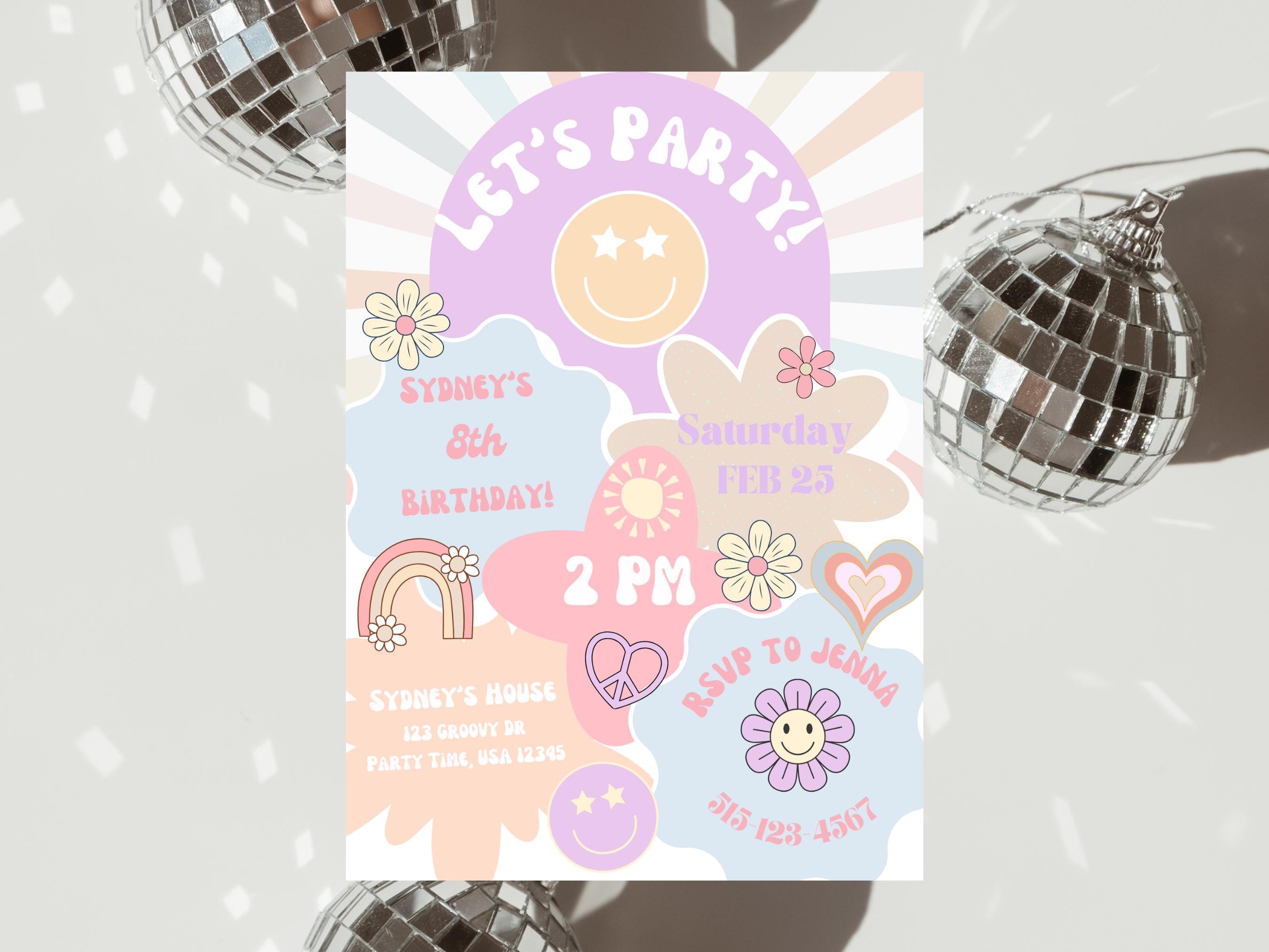 Groovy Retro Birthday, Preppy Editable Invite, Tween Birthday, Teen ...